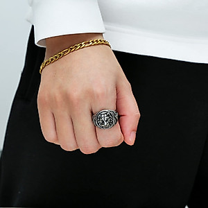 HZMAN Men's Vintage Stainless Steel Ring Lion Head Shield Biker Gold/Silver