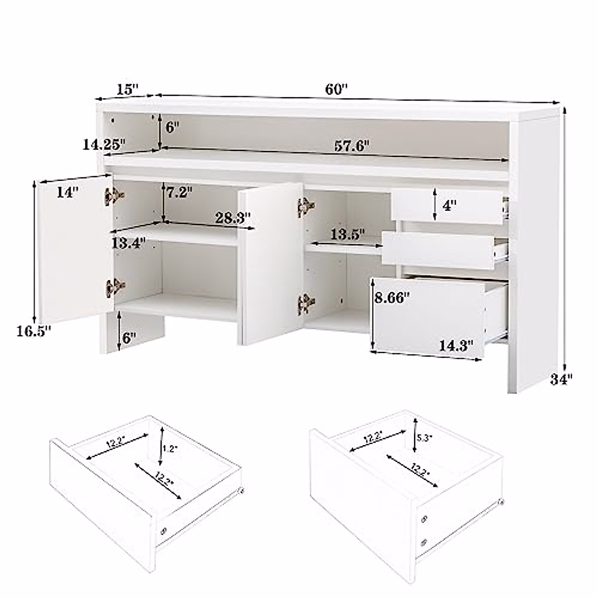 60" Sideboard Storage Cabinet Modern MDF Buffet Cabinet with Double-Storey Tabletop, 3 Door & 3 Drawer Kitchen Pantry Cupboard Entryway Console Cabinet for Hallway Living Room