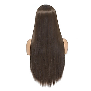 X-TRESS Long Straight Wigs Ash Brown Color Middle Part Brown Wig 28 inch Synthetic Wig for Daily Party