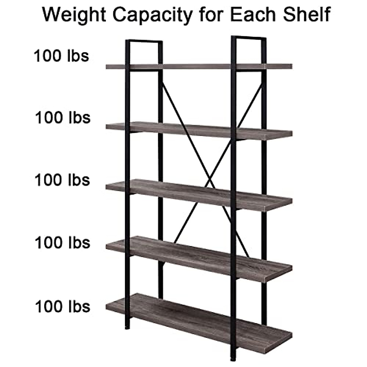 HSH 5-Shelf Vintage Industrial Rustic Bookshelf, 5 Tier Wood and Metal Bookcase, Open Etagere Book Shelf, Farmhouse Wooden Bookshelves, Light Grey Oak