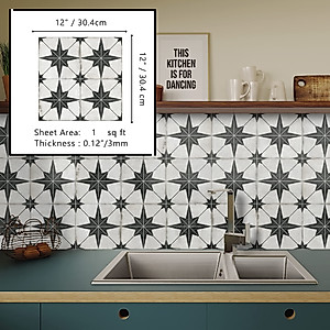 Peel and Stick Encaustic Backsplash Tile. Black Star Patterned Stick on Tile. Self-Adhesive Wall Tile Sticker for Kitchen Bathroom Fireplace Stairs. 10 Sheets