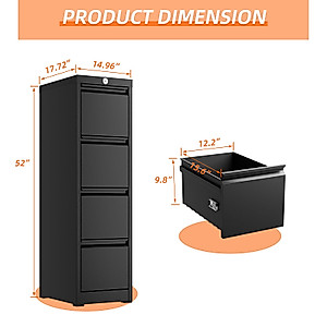 Aobabo 4 Drawer Vertical File Cabinet,Metal Office Files Storage Cabinet with Lock, Steel Filing Cabinets for A4 Letter/Legal Size, 14.96" W x 17.72" D x 52.36" H, Black, Assembly Required