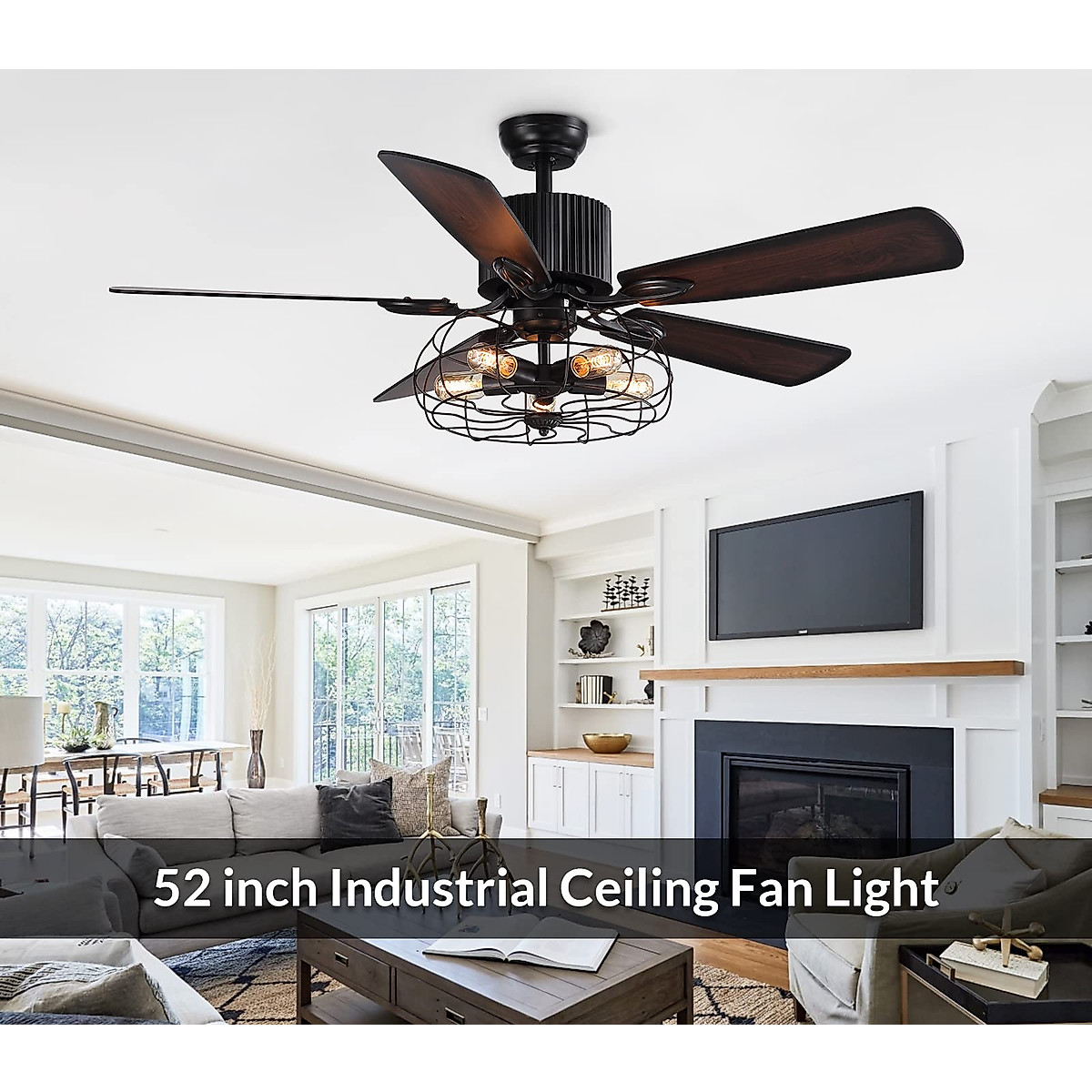 NOXARTE 52 inch Farmhouse Industrial Ceiling Fan with Light and Remote, Vintage Black Cage Fandelier, 5 Reversible Blades Chandelier Fans Light Kit for Bedroom Living Room, Quiet Motor