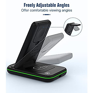 MoKo 15W Qi Fast Charging Station, 3 in 1 Wireless Charger Stand Foldable Charger Dock Compatible with iPhone 13/12/SE/Pro/11/XS/XR/X/AirPods 3/2/Pro/Apple Watch SE/7/6/5/4/3/2/Samsung Galaxy, Black