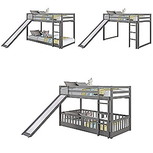 Twin Over Twin Low Bunk Bed for Kids, Ladder and Slide Can Be Interchanged or Remove, Solid Wood Bunk Bed Can Be Converted into Loft Bed (Gray + Fence Can Be Deleted)