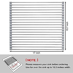Roll Up Dish Drying Rack, 17" x 15.7 Multipurpose Foldable Sink Drying Rack, Heat-Resistant Anti-Slip Stainless Steel & Silicone Wrapped, for Over the Sink