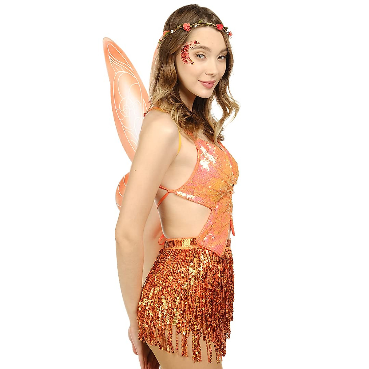 Funcredible Fairy Costume Accessories - Orange Fairy Wings and Flower Crown, Glitter - Tooth Fairy Cosplay Outfit for Women and Girls