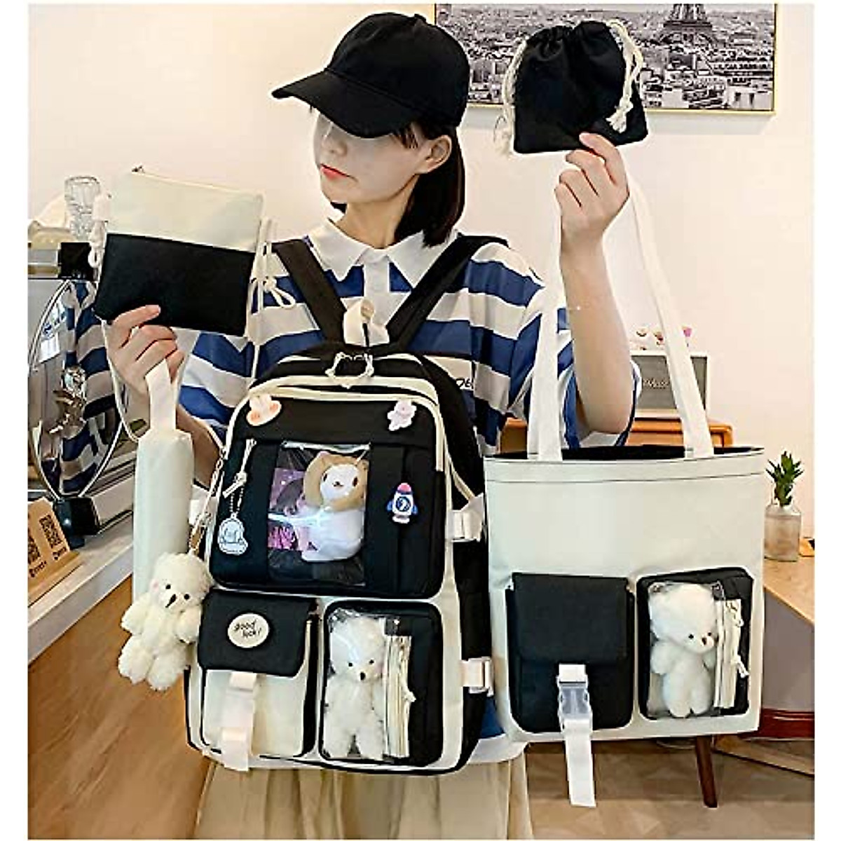 LIEEI Kawaii Backpack 5Pcs Set Cute Backpack Aesthetic Large School Bags with Pendants and Pins, Pen Case, Tote Bag, Small Bag (Black)