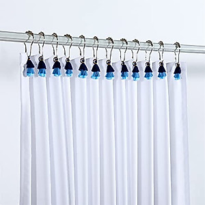 Estmy 12PCS Boho Blue Tassel Shower Curtain Hooks Rings Ombre Bohemian Cute Decorative Shower Rings Hooks for Kids Bathroom Curtain Metal Rust-Proof Bohemian Chic Bathroom Decor Accessories