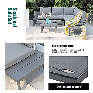 Soleil Jardin 4-Piece Outdoor Patio Furniture Set L-Shaped Aluminum Sectional Sofa with Coffee Table All-Weather Patio Conversation Set with Cushions, Dark-grey