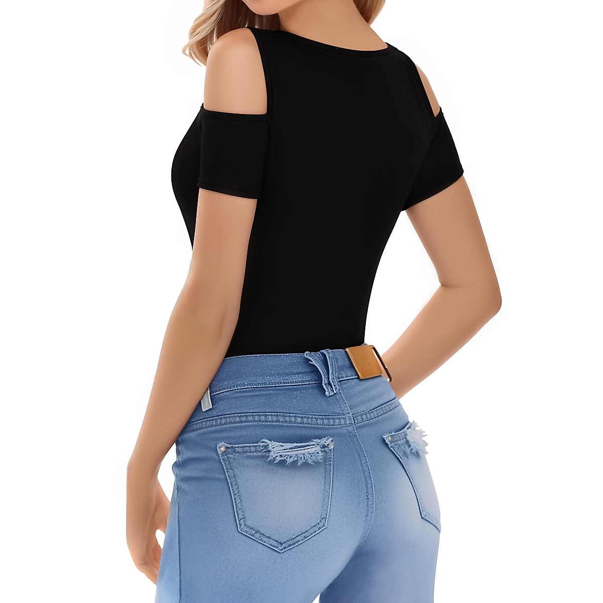 HERLOLLYCHIPS Women Tops Summer Deep V Neck Short Sleeve Cold Shoulder Slim Fit Casual Sexy Tees T-Shirts, Black Medium