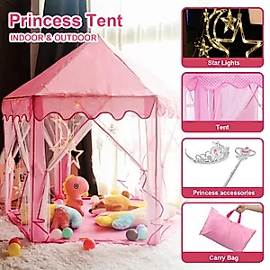TOY Life Princess Castle Tents for Girls Princess Playhouse Tent with Lights Princess Tiara and Wand 55" x 53" Tents for Kids Princess Play Tent Indoor & Outdoor Games for Girls Birthday Gift