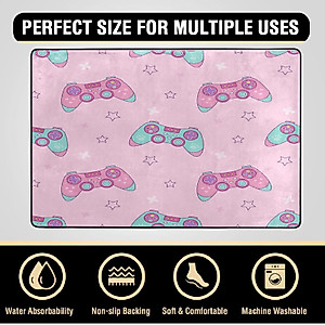 Gamepad Joystick Pink Area Rug 4x6 Stars Cute Non Slip Large Rugs for Living Room Bedroom Absorbent Washable Carpet with Rubber Backing Indoor Outdoor for Dorm Backyard Patio