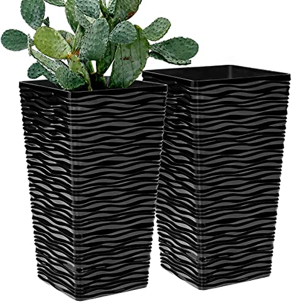 QCQHDU 2 Pack Tall Planters,16.5 Inch Square Tapered Flower Pots Outdoor Indoor Tree Planter, Modern Wavy Finish Decorative Planters for Front Porch Home Garden Patio (Black)…