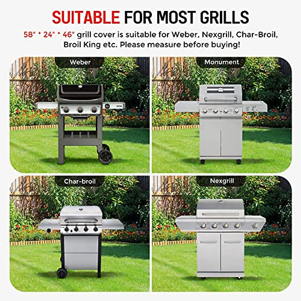 EpicMelody BBQ Grill Cover, 58inch Weather-Resistant Grill Cover for Outdoor Grill, Waterproof Gas Grill Covers with Adjustable Drawstring, Rip-Proof Barbecue Cover for Weber Nexgrill Grills and More