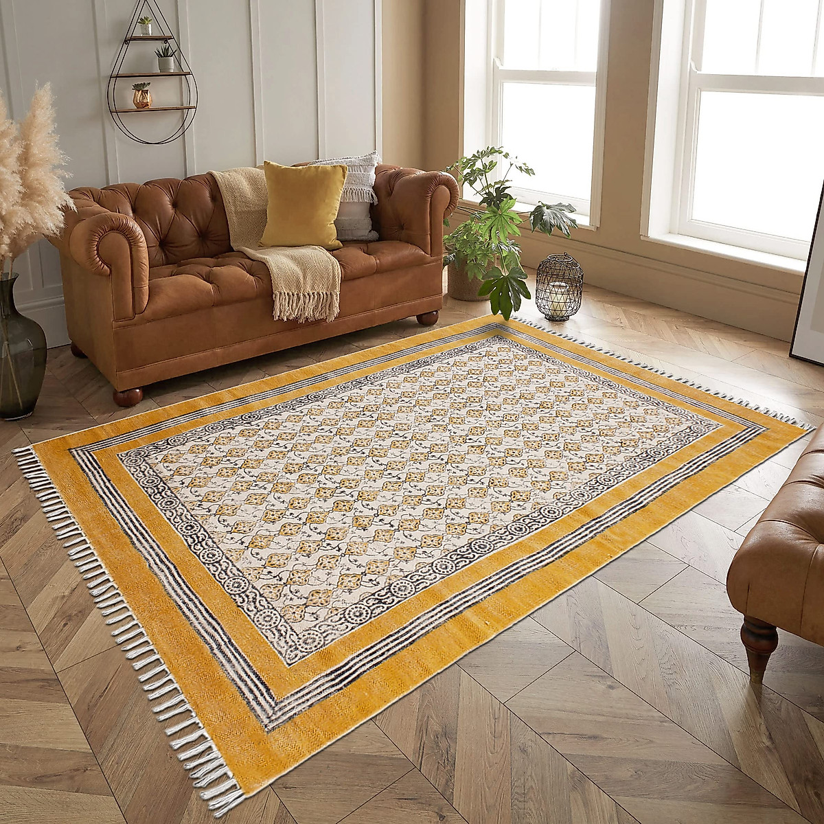 CASAVANI Collection Rectangular Rug - 5x7 Ft Musterd Yellow Cotton Dhurrie Floral Kilim Rug Indoor Outdoor Use Carpet Flatweave Rug High Traffic Area in Bedroom Dining Room Living Room