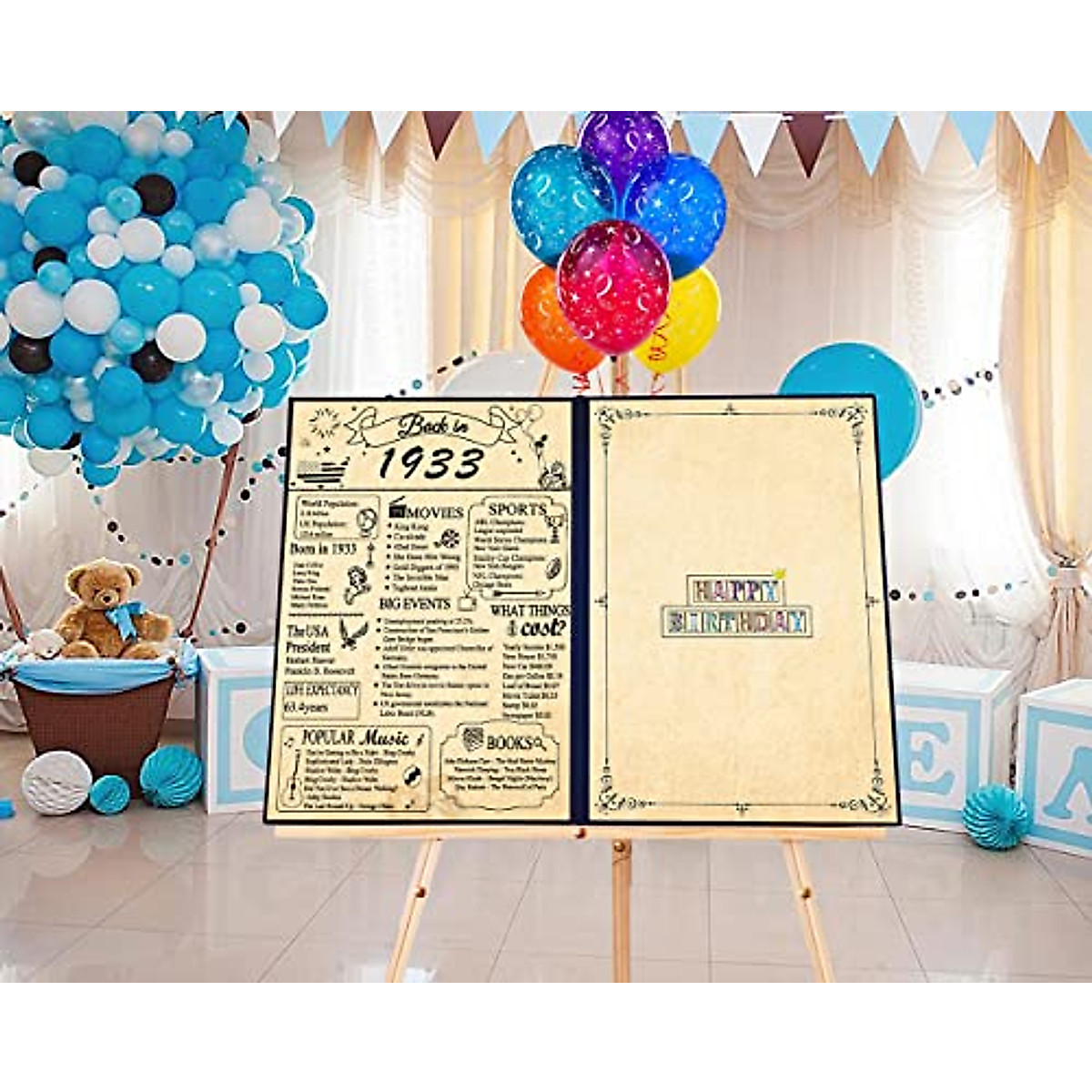 Kiufodut Twin-Fold 90th Birthday Decorations Signature Card,90th Anniversary Certificate Gift, Signing Anniversary Board For Women Or Men. Back In 1933（Blue Shell Surface）