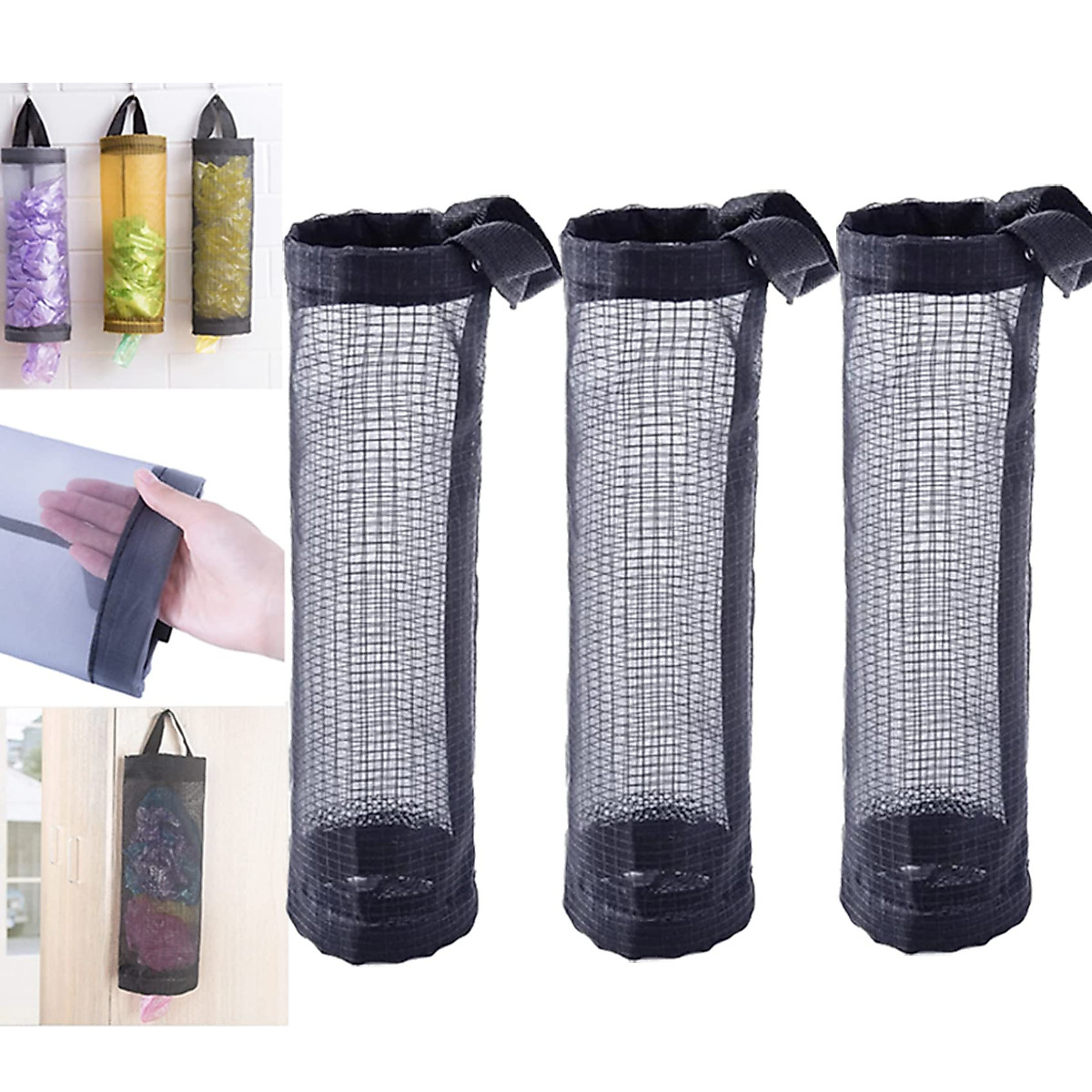 IUAIU Mesh Hanging Storage Dispenser, 3Pcs Plastic Bag Holder Breathable Mesh Hanging Storage Dispensers, Bag Holder for Plastic Bags, Foldable Breathable Storage Bag with Hook (Black-3pcs)