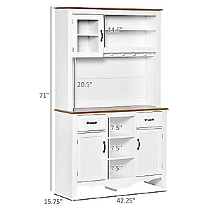 HOMCOM 71" Kitchen Buffet with Hutch, Farmhouse Style Storage Pantry with 2 Drawers, 3 Door Cabinets and 3 Shelves, White