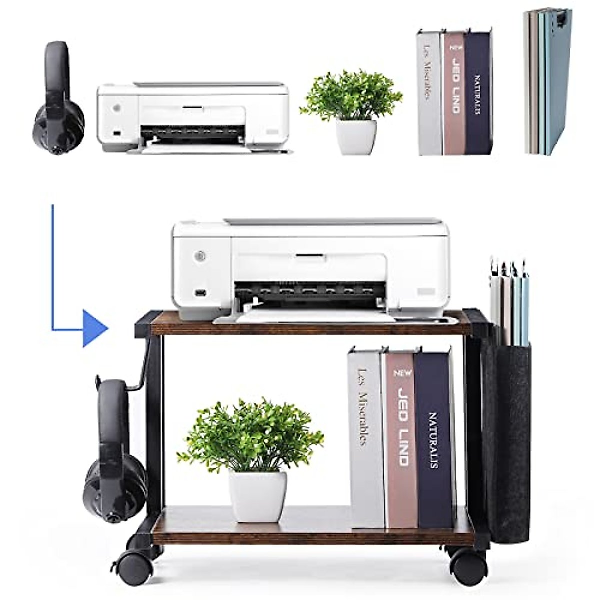 Printer Stand with Storage Bag Under Desk Printer Table on Wheels 2 Tier Small Desktop Rolling Stand Shelf for Fax Machine Scanner Files (Brown)