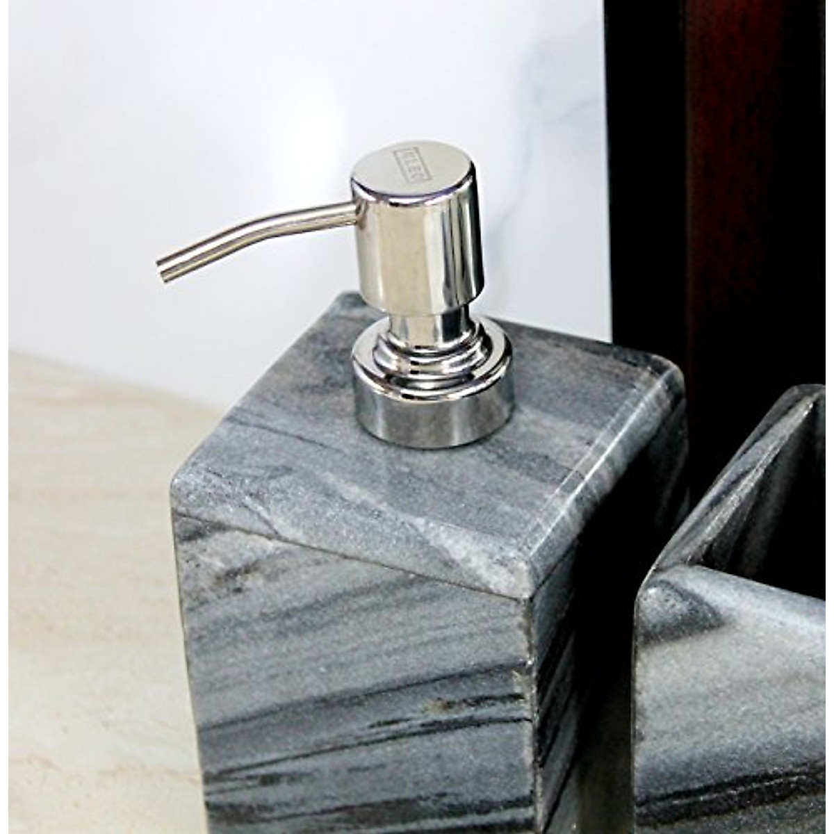 KLEO - Bathroom Accessory Set Made from Natural Stone - Bath Accessories Set Includes Soap Dispenser, Toothbrush Holder, Soap Dish (Grey - Set of 3)