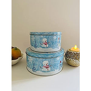 HADAAYA Round Merry Xmas Christmas Decorative Holiday Gifting tins, Set of 2. watercolor painted look with Santa, Snowman & Reindeer moose with Xmas tree