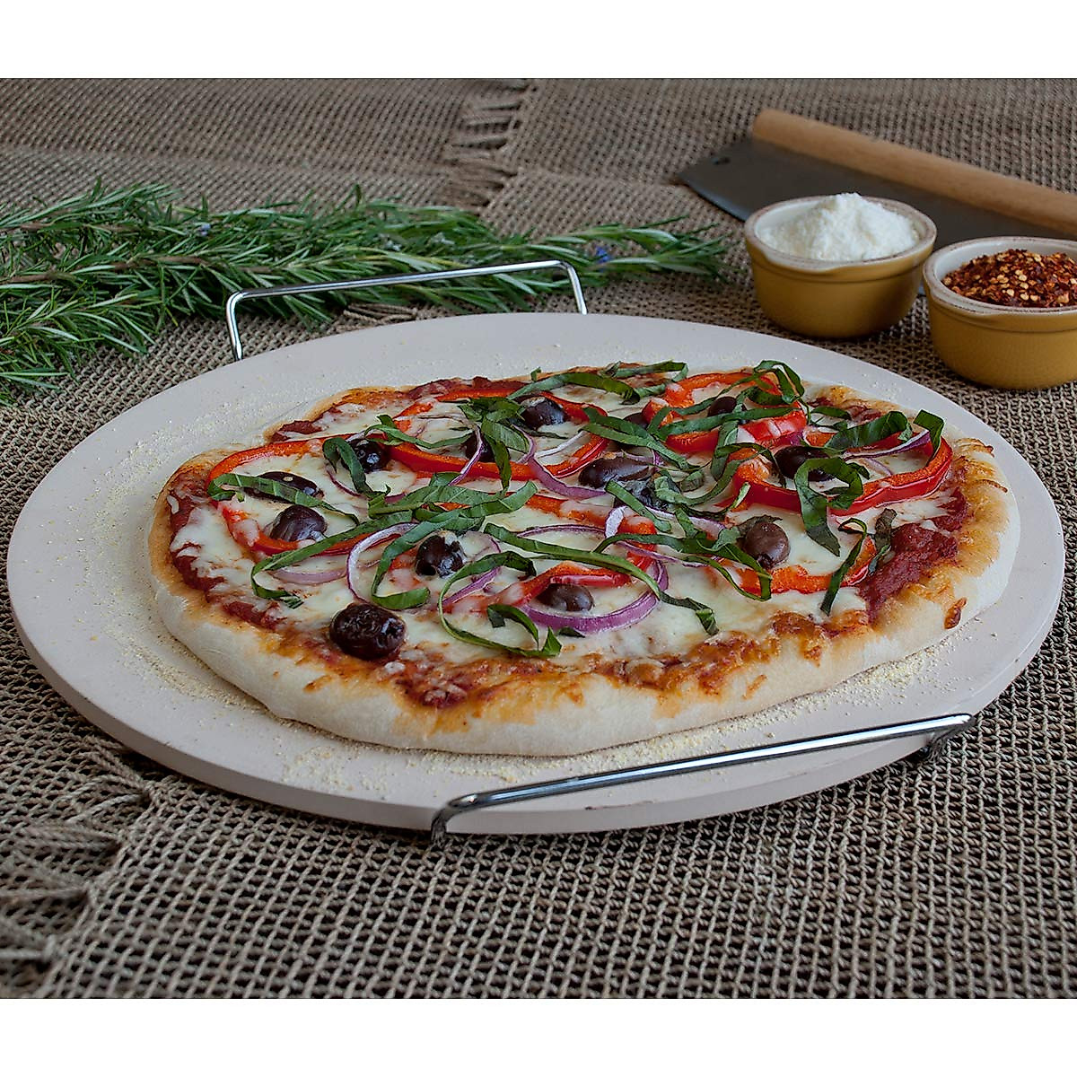 Pizzacraft Round Ceramic Pizza Stone with Wire Frame, 15“Diameter