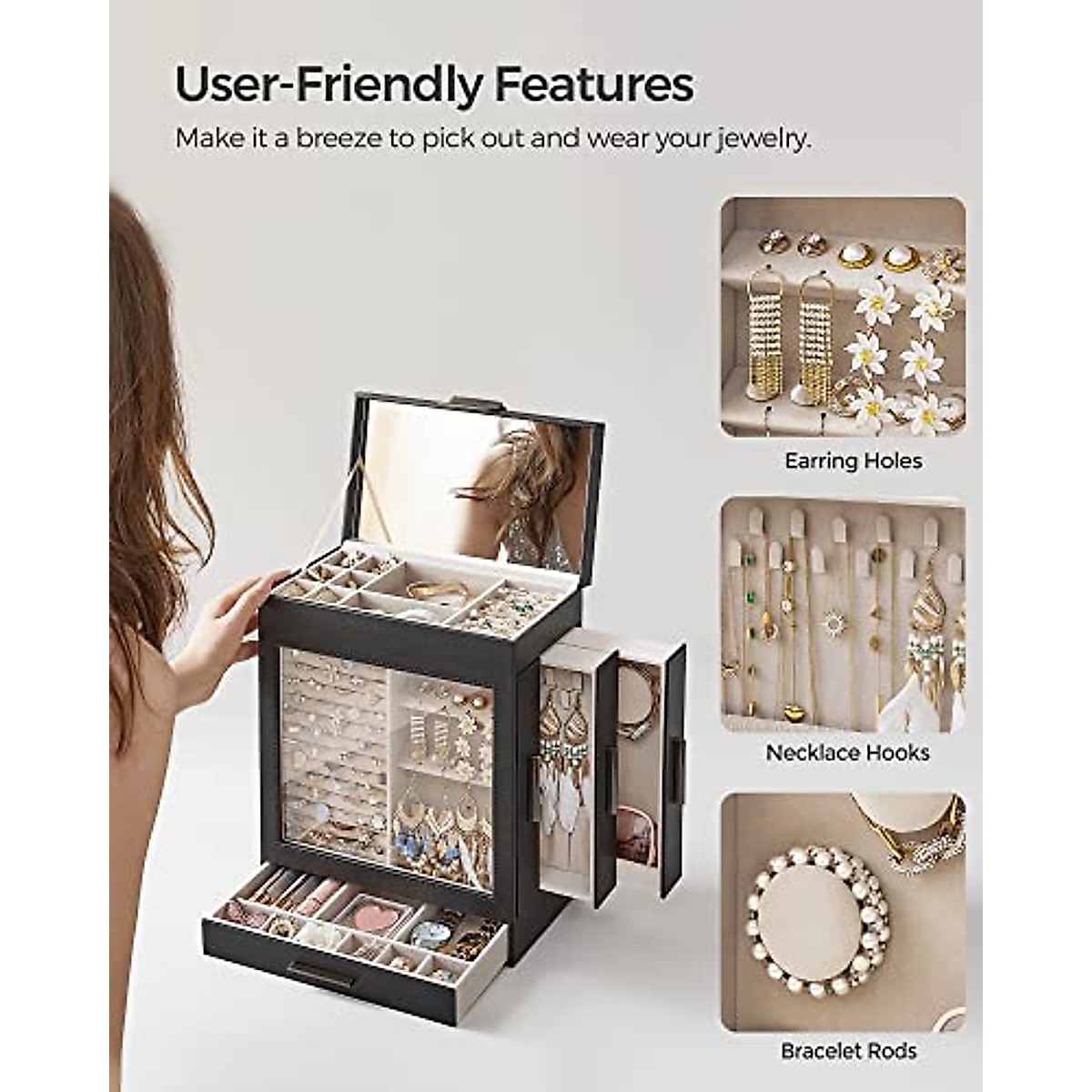 SONGMICS Jewelry Box with Glass Window, 5-Layer Jewelry Organizer with 3 Side Drawers, Jewelry Storage, with Vertical Storage Space, Big Mirror, Modern Style, Graphite Black and Silver UJBC162B01