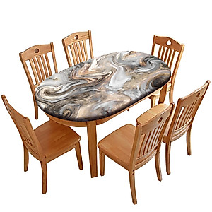 Marble Oval Fitted Tablecloth, Retro Marbling Texture Elastic Edged Table Covers, Sand Brown Wrinkle Resistant Table Cloths for Kitchen Dining, Party, Holiday, Buffet, Fits to 48" x 68" Oval Table