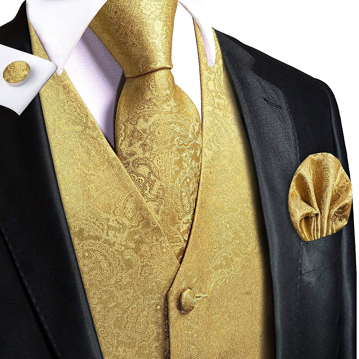 Dubulle Mens Suit Vest and Tie Set Paisley Floral Waistcoats for Men with Necktie Pocket Square Cufflinks Tuxedo Wedding,Gold,Large