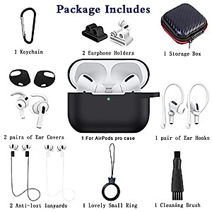 for Airpods Pro Case Black, 12in1 Kit Silicone Accessory Set Protective Cover for AirPods Pro 1st Generation with Watch Band Holder/Ear Hook/Ear Hangers/Ear Tip/Strap/Ring/Keychain/Brush/Carrying Box