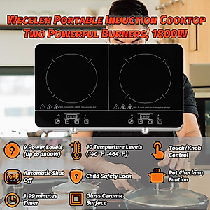 Weceleh Portable Double Induction Cooktop 1800W, 2 Burner Electric Cooktop, Countertop Induction Stove Top, Hot Plate, Induction Burner with Timer, 10 Temp Levels, Child Lock, 110V-120V Plug, Black