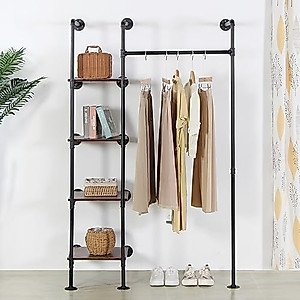 EDCB Industrial Pipe Clothing Rack with Shelves, 71inch Wall Mounted Closet Storage Rack,Hanging Clothes Retail Display Rack, Garment Racks with Shelves Closet Rods System