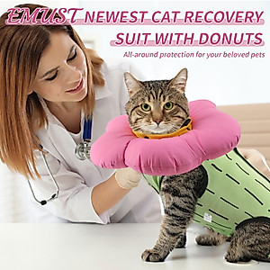 EMUST 2PCS Cat Recovery Suit and Cat Cone Collar Female, Cute Cat Surgical Suit for Abdominal Wounds or Skin Diseases, Adjustable Flower Neck Cat Cone Collar Soft for Cats 4-8lb(Green, M)