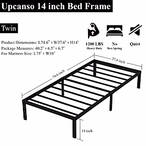 Upcanso Twin Bed Frame No Box Spring Needed, 14 Inch Heavy Duty Metal Platform Bed Frame Twin Size with Storage, 2500lbs Steel Slats Support, Easy Assembly, Black