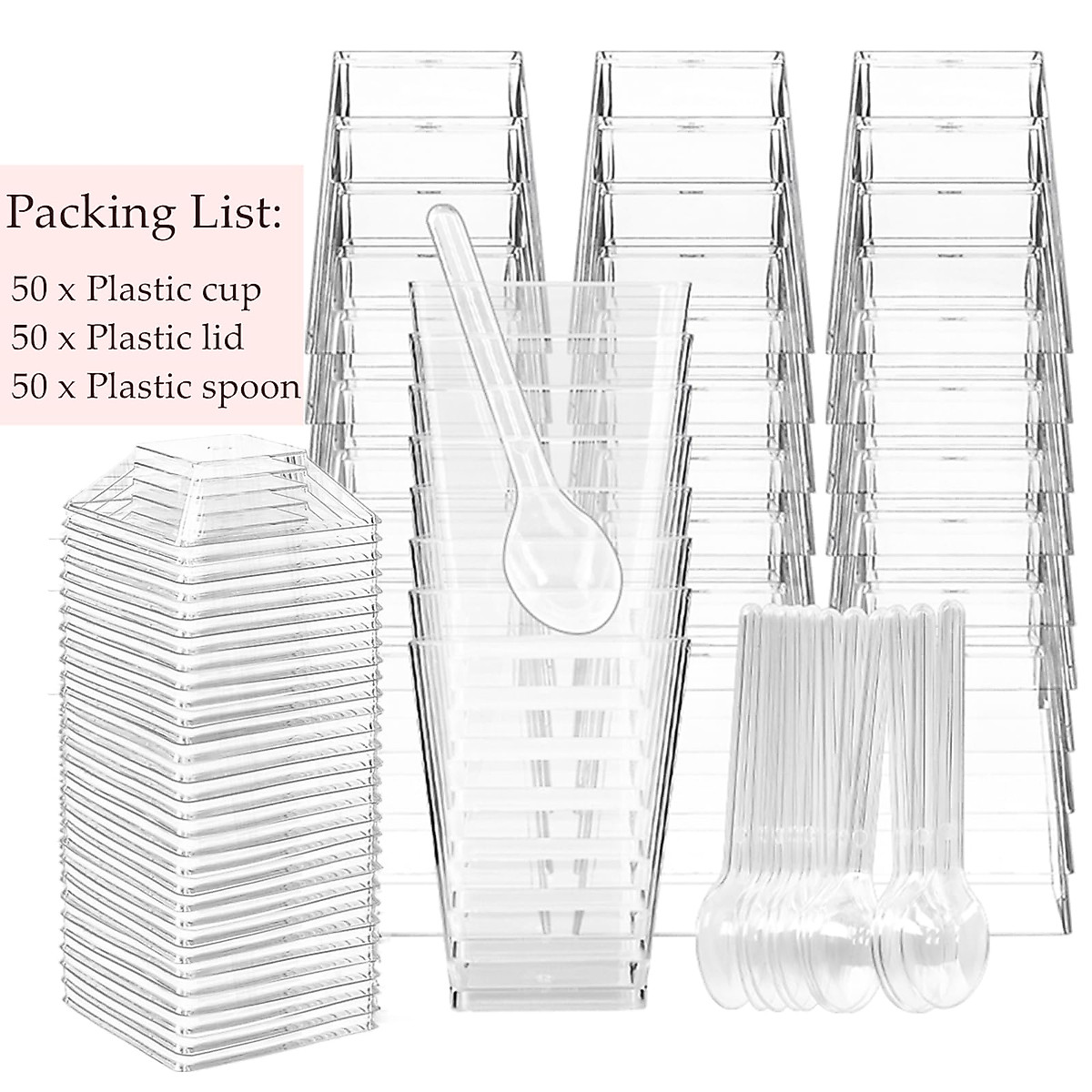 TOFLEN 50 Pack 5 oz Dessert Cups with Lids and Spoons, Mini Clear Square Plastic Dessert Cake Shooter Cups for Party, Yogurt Parfait, Appetizers, Fruits and Puddings