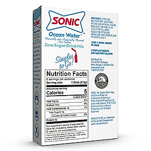 Sonic Singles to Go Powdered Drink Mix, Ocean Water, 6 Sticks per Box, 3 Boxes included (18 Sticks Total)