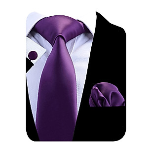 GUSLESON Plain Purple Tie For Wedding Necktie and Pocket Square Cufflinks Set (0785-02)