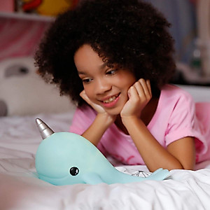 Navaris Narwhal Night Light - Battery Powered Color Changing LED Lamp for Kids, Baby Nursery, Boys, Girls - BPA-Free and Phthalate-Free - Light Blue
