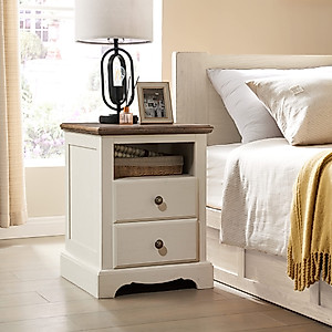 T4TREAM Nightstand with Charging Station, 18 Inch Vintage End Table with 2 Drawers, Wood Rustic Sofa Side Table with Open Storage Shelf for Bedroom, Living Room, Antique White