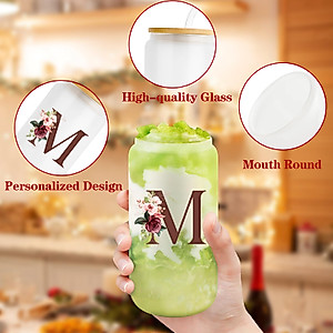 Birthday Gifts for Women, Personalized Gifts for Women, Monogrammed Initial Glass Cup - 16oz Glass Cups with Lids and Straws, Iced Coffee Cup, Beer Can Shaped Glass - Personalized Christmas Gifts M