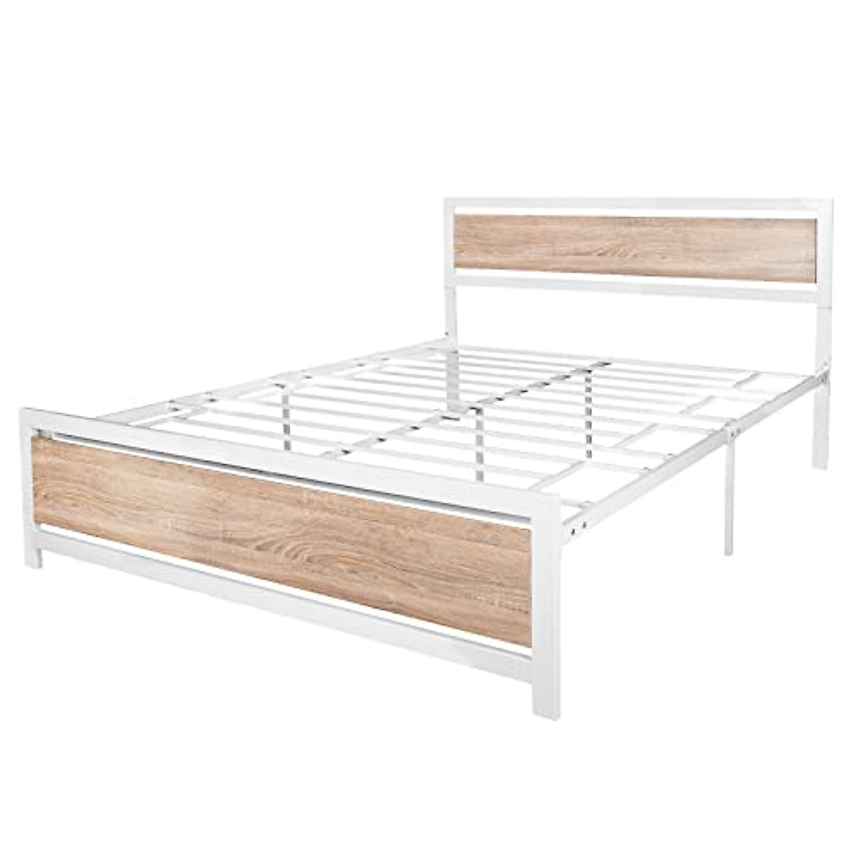 Bed Frame with Industrial Wooden Headboard and Footboard Strong Metal Support Frame Noise-Free No Box Spring Needed (White, Full)