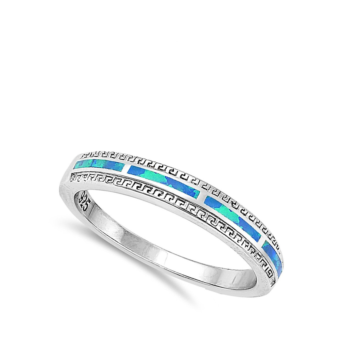 Blue Simulated Opal Greek Key Inlay Wedding Ring Sterling Silver Band Size 9
