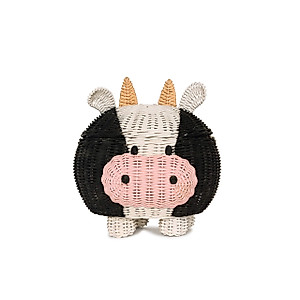 G6 COLLECTION Cow Rattan Storage Basket With Lid Decorative Bin Home Decor Hand Woven Shelf Organizer Cute Handmade Handcrafted Nursery Gift Animal Decoration Artwork Wicker Cow