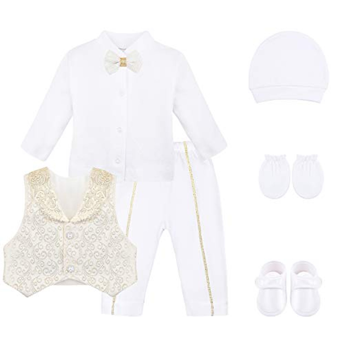 Lilax Baby Boys Newborn Gentleman Outfit Long Sleeve White Shirt with Vest and Pant 6 Piece Set 0-3 Gold