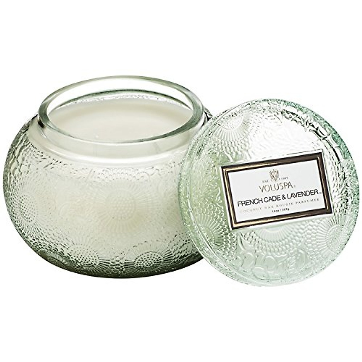 Voluspa French Cade Lavender Candle | 14 Oz. | 50 Hour Burn Time | Embossed Glass Chawan Bowl | Coconut Wax and Natural Wicks for a Cleaner Burn | Vegan