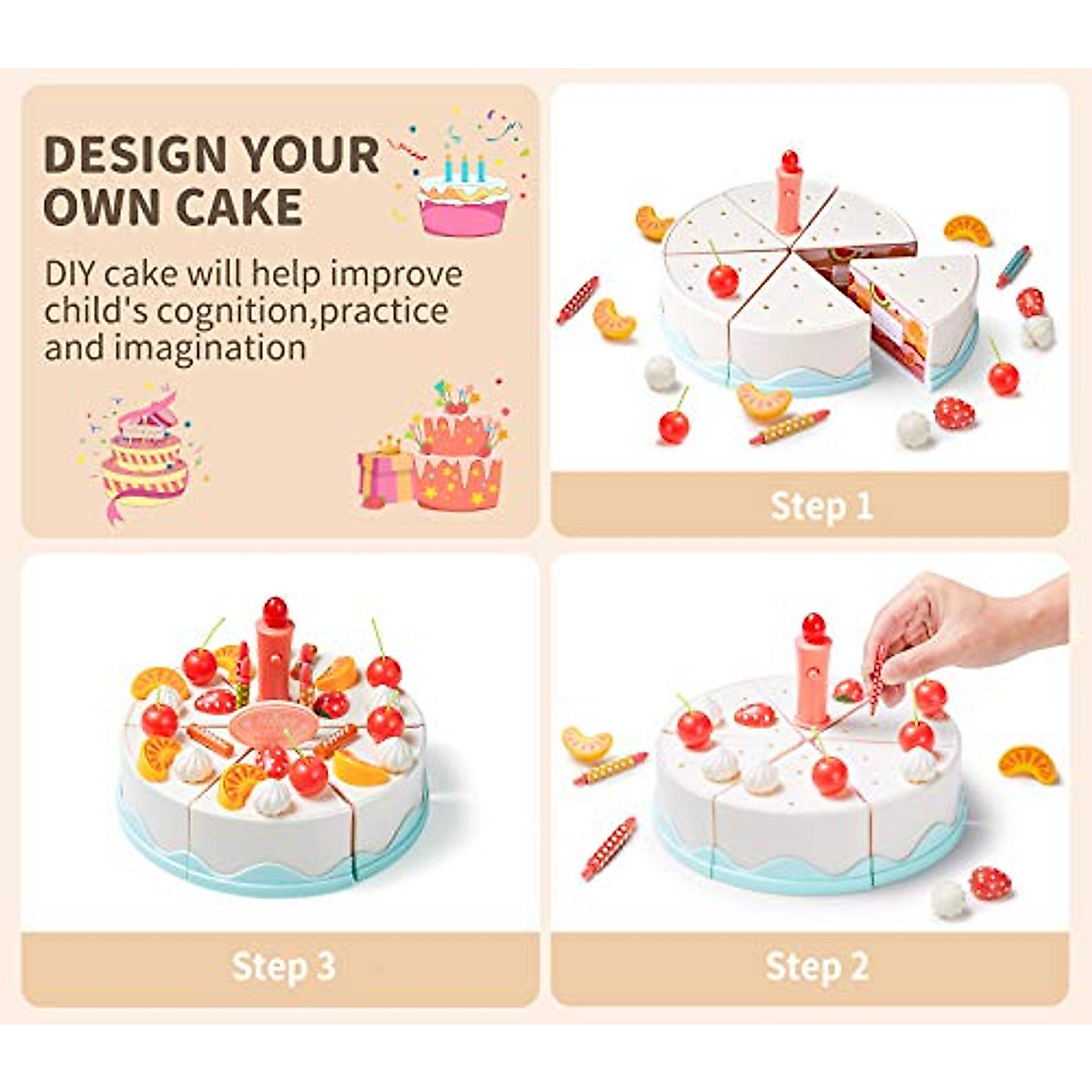 Birthday Cake Toys Set, Geyiie Cake Play Tea Party Dessert Set with Light, 88 PCS Pretend Play Cutting Food with Chocolate,Fruit Decor,Candles and More,Gift Choice for Toddlers Boys Girls