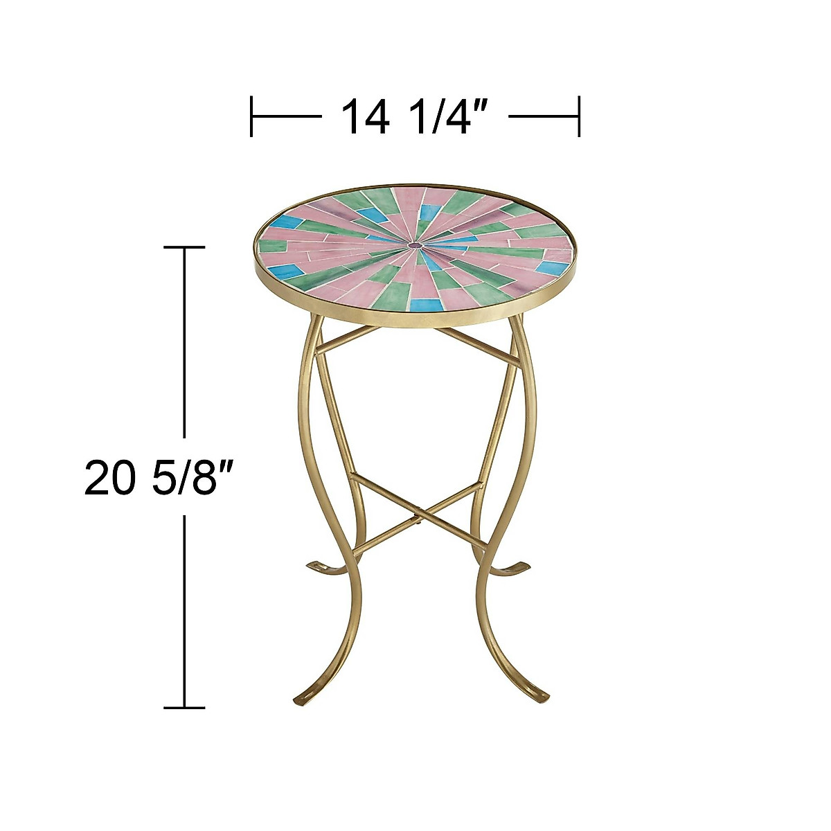 Teal Island Designs Pastel Modern Gold Metal Round Outdoor Accent Side Table 14 1/4" Wide Pink Green Hand-Crafted Mosaic Glass Tile Tabletop Gracefully Curved Legs for Porch Patio House Balcony