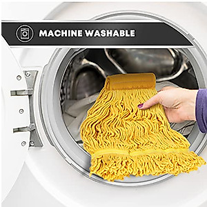 Kphico Looped-End String Mop,Heavy Duty Commercial Mop with 2 Extra Mop Heads Replacement,57 inch Stainless Steel Pole,Industrial Grade Jaw Clamp Floor Cleaning,Blue/Yellow