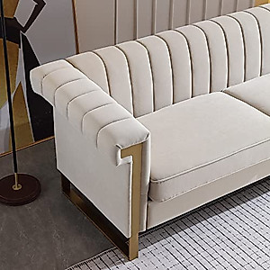 SLEERWAY Beige Velvet Couch Sofa, 84 Wide Mid-Century Modern Love Seat Tufted Chesterfield Velvet Sofa Loveseat Futon with Curved Arm Gold Leg, 3 Seat Large Comfy Couches Sofas for Livingroom (Beige)